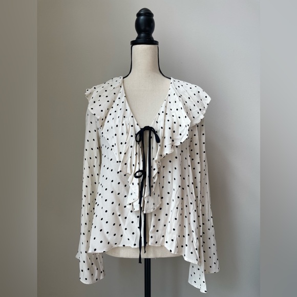 Topshop | Tops | Topshop Black And White Polka Dot Ruffled Tiefront Semi Sheer Blouse | Poshmark